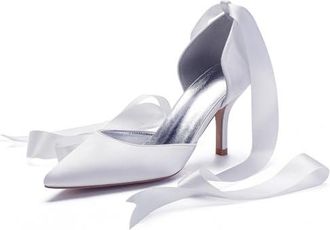 Generic Chaussures De Mariage De Mari&eacute;e Femme Bout Pointu Talon Haut Escarpins Sangle Satin Soir&eacute;e Stiletto High Heels 8Cm,Blanc,37 EU