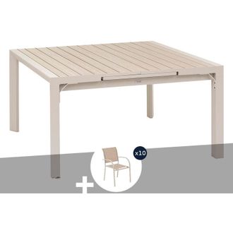 Hesperide Table de jardin carr&eacute;e extensible alu Evasion 8/10 places Beige/lin + 10 fauteuils - Hesp&eacute;ride