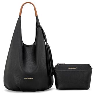 Montana West Lot de 2 sacs &agrave; main souples &agrave; pompons pour femme avec sac de maquillage, noir
