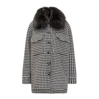 Ava Adore Femme, Manteaux, Noir, Taille: 40 FR Manteau Pied-de-Poule en Laine M&eacute;lang&eacute;e avec Col en Fourrure