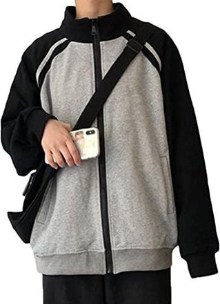 ORANDESIGNE Blousons Femme Bomber Jacket Harajuku R&eacute;tro Hip Hop Fermeture &eacute;clair Boutons Patchwork Manches en Cuir PU Manteau Coll&eacute;gial Baseball Veste Manteau en 