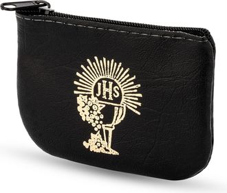 NKlaus Rosenkranz Kunstleder Etui schwarz 6x8cm motiv Kelch IHS Christusmonogramm 14441