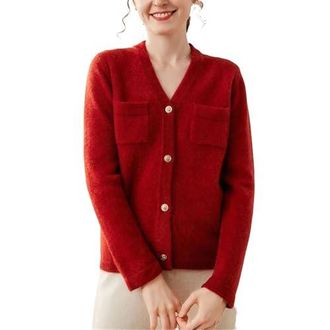 Generic Cardigan ouvert en cachemire doux pour femme - Col en V - Tricot - Printemps - Manches longues - Col en V - Boutonn&eacute;, Rouge Moro, XS
