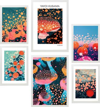Nacnic 6er-Set Yayoi Kusama Pilz Wasserblume Japanise Gerahmtes Poster mit Design-Illustrationen zur Dekoration der W&auml;nde Ihres Zuhause im A3 A4 Wei&szlig;er Rahme