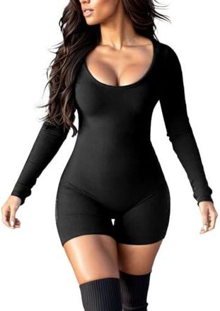 Generic by Body Combinaison à manches longues Body à manches longues Col en U Short Bodycon Extensible Barboteuse Pantalon Barboteuse Femme, Noir, L