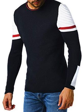 LEIF NELSON LN1980 Pull dhiver, en tricot fin, pour homme, avec col rond, coupe &eacute;troite, &agrave; manches longues, Bleu fonc&eacute;/rouge., S