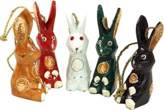 Guru Shop 5er Set Anhänger, Kleine Holzfigur, Tierfigur Hase, Mehrfarbig, 12x3x5 cm
