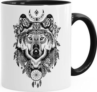 Autiga Kaffee-Tasse Wolf Atzekenmuster Boho Bohamian Atzec Animal Ethno schwarz Unisize