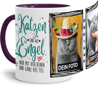 Tassendruck Tasse mit Spruch - Katzen sind wie Engel - zum Selbst gestalten mit Zwei Fotos - Geschenkidee für Katzenliebhaber, Innen & Henkel Violett, 300 ml