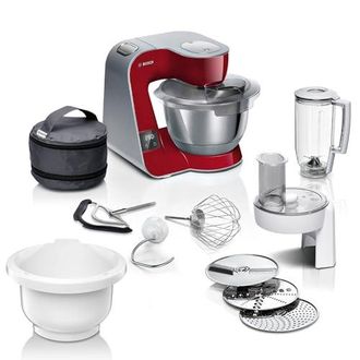 Bosch K&uuml;chenmaschine Serie 4, integrierte Waage, Edelstahl-Sch&uuml;ssel 3,9 L, Mixer 1,25 L, Kunststoff-Sch&uuml;ssel, sp&uuml;lmaschinenfest, 3x R&uuml;hrelemente, Durchlaufs