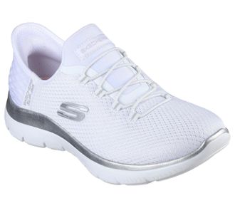 Skechers Summits Diamond Dream-Sneaker f&uuml;r Damen, Wei&szlig;es Netzgewebe mit silberfarbenem Rand, 7.5 UK Wide