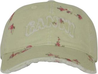Ganni Femme, Accessoires, Vert, Taille: ONE Size Casquette Imprim&eacute;e en Toile de Coton D&eacute;lav&eacute;e