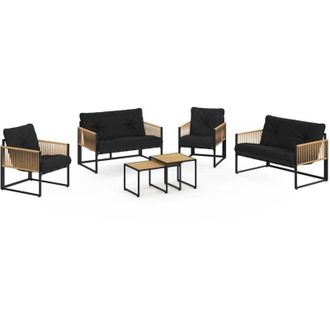 IDMarket Salon de jardin bas RIO 6 places structure m&eacute;tal noir, cordage effet rotin clair et coussins noir