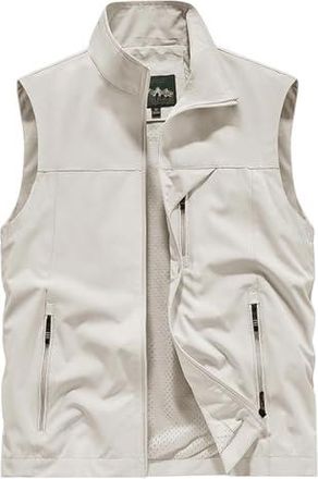 Generic Gilet dext&eacute;rieur l&eacute;ger pour homme, col montant | Gilet de travail respirant sans manches avec fermeture &eacute;clair int&eacute;grale | pour le camping, beige, L