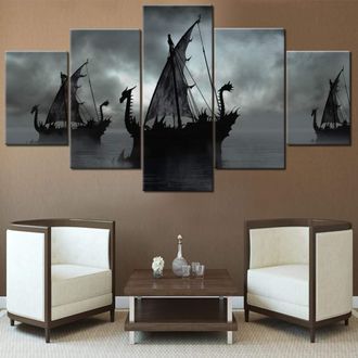 Tumovo Nordisches Dekor, schwarz-wei&szlig;es Gem&auml;lde, Wikingerschiff, Kunstwerk, Fantasie-Segelboot, Bilder f&uuml;r Wohnzimmer, Zuhause, 5-teilig, Drache, Wandkunst, 