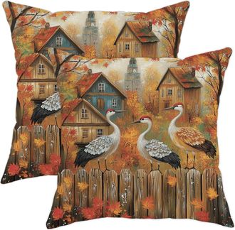 Generic Herbstkraniche V&ouml;gel Kissenbezug Weich Kissenh&uuml;llen Atmungsaktiv Zierkissenbez&uuml;ge F&uuml;r Balkon Bett Sofa 45X45Cm 2Er Set