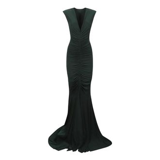 Norma Kamali Femme, Robes, Vert, Taille: 36 FR Robe de Soir&eacute;e Fourreau sans Manches &agrave; Col V Profond et Fronces