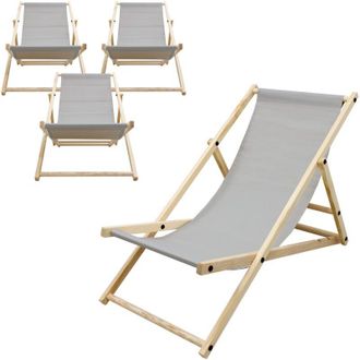 ECD Germany Lot de 4 Chaises Longues Pliantes en Bois Chiliennes, Gris Clair, Dossier R&eacute;glable, 3 Positions de Couchage, jusqu&agrave; 120kg, Bain de Soleil en Tissu