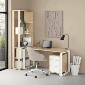 Dmora Schreibtisch Severine, Mehrzweckschreibtisch, B&uuml;rotisch f&uuml;r PC, Eckschreibtisch, 184x80 h205 cm, Eiche und Wei&szlig;