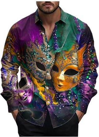 Generic Costume de carnaval pour homme - Chemise &agrave; manches longues - Chemise d&eacute;t&eacute; d&eacute;contract&eacute;e - Imprim&eacute; masque - Chemise &agrave; manches longues - Respirant - L&eacute;g&egrave;