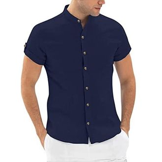 Generic Chemise en coton et lin pour homme - Chemisier dentra&icirc;nement pour homme - Style d&eacute;contract&eacute; - Grande taille - Col montant - Manches courtes - Tunique 