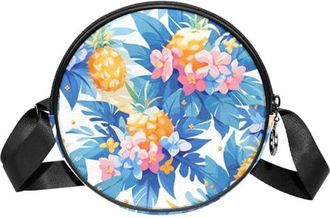 Generic Sac &agrave; bandouli&egrave;re rond pour femme, motif fleurs dananas avec fermeture &eacute;clair, bretelles r&eacute;glables, sac &agrave; main rond d&eacute;contract&eacute; pour femmes et filles