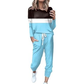 Generic Sweat-shirt pour femme sans capuche - Bloc de couleurs - D&eacute;contract&eacute; - Manches longues - Sweat &agrave; manches longues et pantalon long - Ensemble de 2 pi&egrave;c