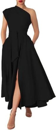 Generic Robe maxi pour femme avec bretelles &agrave; une &eacute;paule et ceinture, pour les invit&eacute;s formels de mariage avec costume pour femme, Noir, XXL