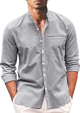 Generic Chemise de plage en lin blanc &agrave; manches longues pour homme - Chemise boutonn&eacute;e grande taille - Chemise blanche en coton pour homme - T-shirt en coton 