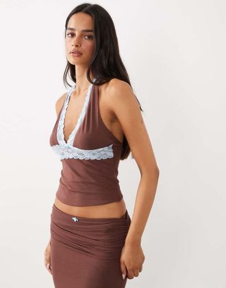 Tiger Mist Calina Top im Zweiteiler mit Kontrast-Spitzenbesatz, Neckholder und butterweichem, flie&szlig;endem Tragegef&uuml;hl in Schokobraun und Babyblau