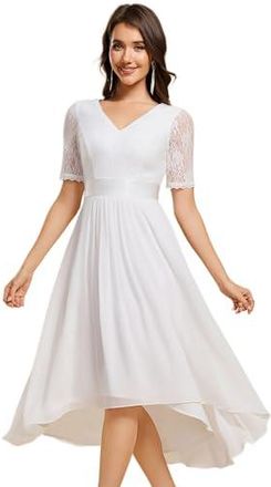 Ever-pretty Robe de Soirée Femme Midi Dentelle Col V Manches Courtes Blanc 48