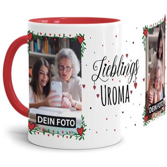 Tassendruck Tasse - Lieblings-Uroma - zum selbst Gestalten mit zwei Fotos - personalisierbare Fototasse f&uuml;r Uroma - Keramik, Innen & Henkel Rot, 300 ml
