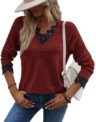 Onsoyours Damen Herbst Winter Pullover Oberteile Sexy Strickpullover Mode Einfarbig Sweater mit Spitze V-Ausschnitt Farbblock Langarmshirt Warm Pulli Jumper A R
