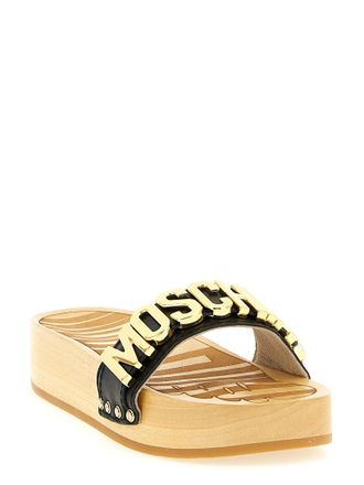 Moschino Womens Black Calfskin Slides Shoe