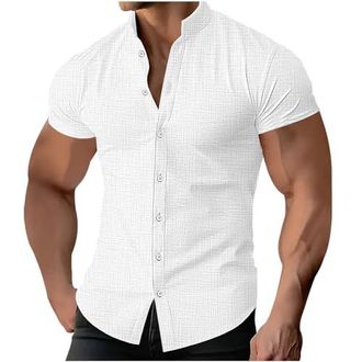 Generic Chemise en lin pour homme respirante unie boutonn&eacute;e &agrave; col montant intelligente classique l&eacute;g&egrave;re confortable d&eacute;contract&eacute;e &agrave; manches courtes pour l&eacute;t&eacute; e