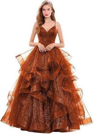Generic Robe de bal en tulle pailleté avec col en V et bretelles spaghetti, robe de demoiselle dhonneur, robe de soirée formelle longue à étages, orange brûlé