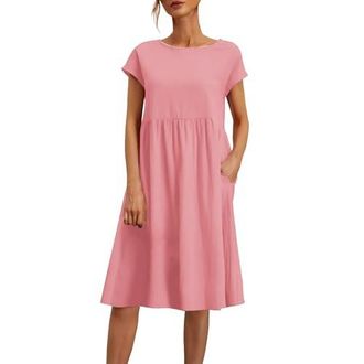 Generic Robe en lin pour femme - Grande taille - Robe d&eacute;t&eacute; ample pour femme - Col rond - Robe &agrave; manches courtes - Grande taille - Robe d&eacute;t&eacute; vintage - Taille 4