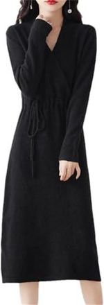 Generic Robe pull longue à lacets en laine avec col en V pour femme, Noir, XXL