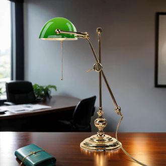 Licht-Erlebnisse Bankerlampe Messing Glas in Gold Gr&uuml;n B&uuml;ro Arbeitszimmer 47 cm E27 vergoldet mit 24 Karat Zugschalter elegante Jugendstil Tischlampe