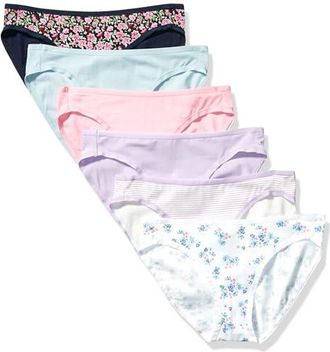 Amazon Essentials Bas de bikini en coton (grandes tailles disponibles) Femme, Lot de 6, Noir Fleuri/Bleu/Lilas/Rose/Rayures/Blanc Jaune Floral, 40