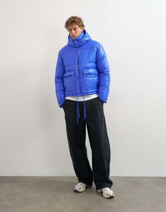 Topman strukturierte Steppjacke mit abnehmbarer Kapuze in Kobaltblau