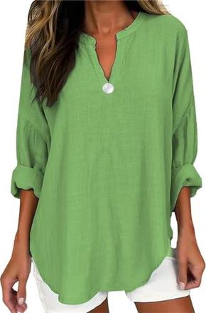 Generic Chemisier &eacute;l&eacute;gant pour femme - Col en V - Chemise en lin - Manches longues - En lin - Avec boutonni&egrave;re - Chemisier en mousseline - Mode - T-shirt ampl