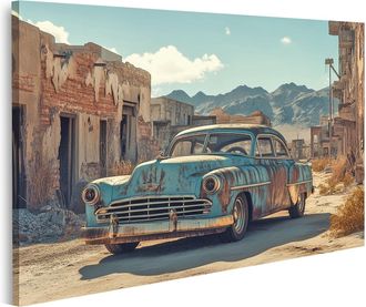 Islandburner Bild auf Leinwand Verlassenes Auto in einer Geisterstadt mit Bergen im Hintergrund Bilder Wandbilder Poster