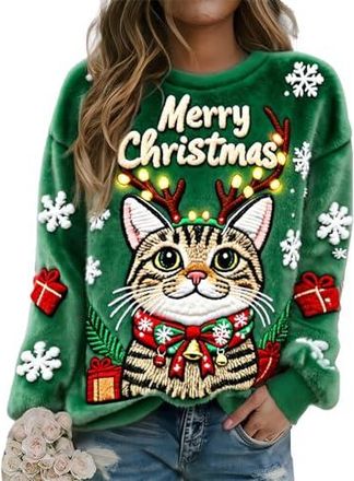 Generic Sweat-Shirt de No&euml;l en Flanelle avec imprim&eacute; Chat pour Femme, Style d&eacute;contract&eacute;, &eacute;l&eacute;gant, Doux et Chaud, Pull de No&euml;l Fantaisie &agrave; col Rond, Haut de Va