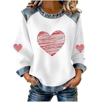 Generic Sweat-shirt de Saint-Valentin pour femme r&eacute;tro en denim patchwork sweatshirt dr&ocirc;le mignon coeur graphique couture chemise en jean gaufr&eacute; tricot &eacute;pissu