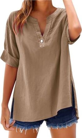 Generic Chemisier en mousseline pour femme oversize avec bords ouverts - Chemisier en lin pour femme - T-shirt d&eacute;t&eacute; d&eacute;contract&eacute; - Coupe ample - Tunique unie -