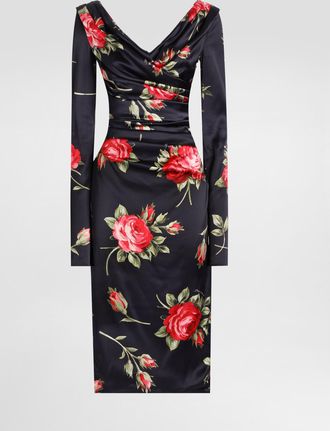 Dolce & Gabbana Drapiertes Kleid Aus Satin Mit Blumenbouquet-print - Frau Kleider Mehrfarbig 46