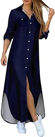 Generic 2025-Robe Chemise Femme Manche Longue- Robe Grande Taille Fendue Couleur Unie Chic Et Élégants Casual avec Boutons Classiques De Tous Les Jours Confor