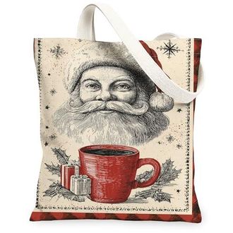 Generic Sacs fourre-tout en toile avec motif P&egrave;re No&euml;l, tasse &agrave; caf&eacute;, sacs d&eacute;picerie r&eacute;utilisables, l&eacute;gers et lavables avec bandouli&egrave;re, Rouge, 13x15 Inch