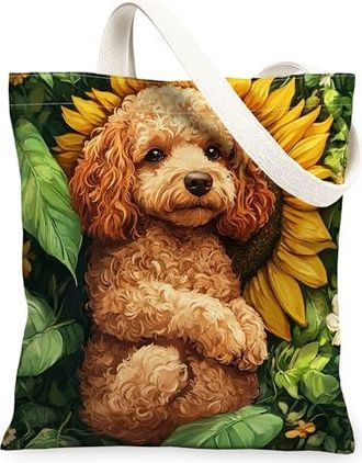 Generic Sac fourre-tout en toile r&eacute;utilisable avec motif caniche printanier 33 x 38,1 cm, motif imprim&eacute; tournesol, chiot et feuille de tournesol, sac d&eacute;piceri